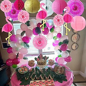 Tropical Flamingo Party Decoration Hawaiian Party Supplies Flamingo Birthday Banners， Hanging Paper Fans, Paper Flowers Paper Lanterns for Hawaiian Summer Beach Party Birthday Party
