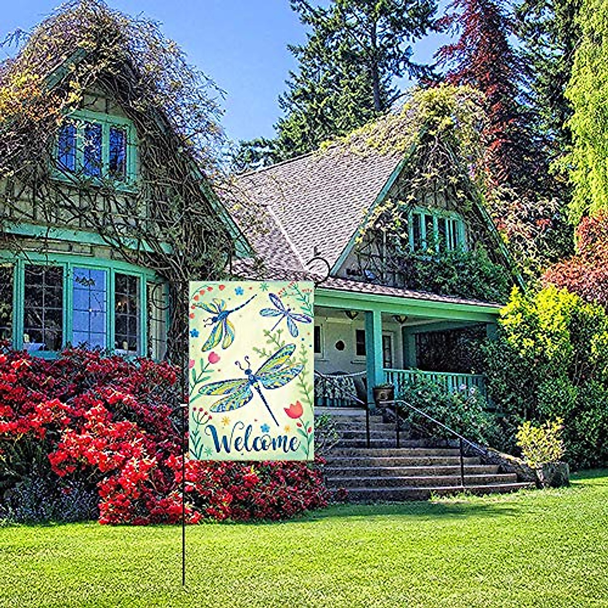 Spring Garden Flag with Welcome Quote , Burlap Double Sided Dragonfly Flower Yard Flags, Garden Flag Rustic Farmhouse Yard Outdoor Decoration (Dragonfly)