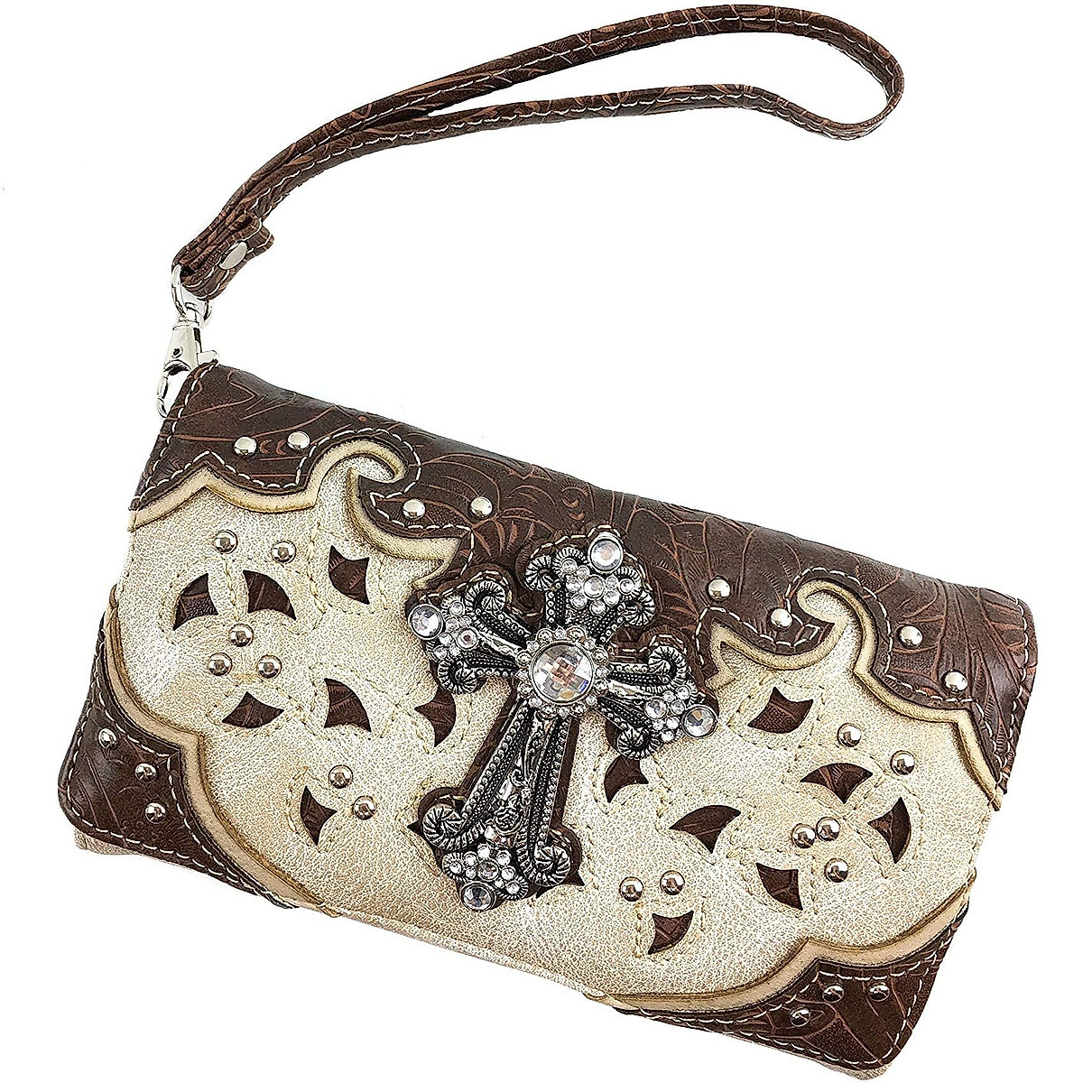 Justin West Western Rhinestone Cross Weaved Leather Laser Cut Floral Design Chain Shoulder Back Conceal Carry Handbag Purse with Flat Wallet (Beige Trifold Wallet)