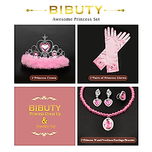Princess Dress Up Accessories Princess Gloves, BIBUTY 7pcs Dress Up Set for Toddler Girls with Princess Crown, Wand, Gloves, Necklace, Earrings, Bracelet and Ring, Costume Toys for 3-6 yr Little Girls