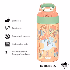 Zak Designs 16oz Riverside Kids Water Bottle with Spout Cover and Built-in Carrying Loop, Made of Durable Plastic, Leak-Proof Design for Travel (Unicorn & Shells, Pack of 2)