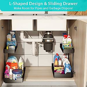 Under Sink Organizers and Storage 2 Packs, 2 Tier Pull Out Cabinet Organizer L-shaped, Sliding Under Bathroom Kitchen Sink Shelf, Multi-Purpose Organization and Storage for Bathroom Kitchen Cabinet