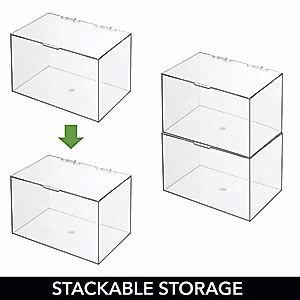 mDesign Plastic Stackable Bathroom Storage Organizer Box with Hinged Lid - for Cabinet, Vanity Organizer for Makeup, First Aid, Hair Accessories - 6.5" High - 2 Pack, Includes 32 Labels - Clear
