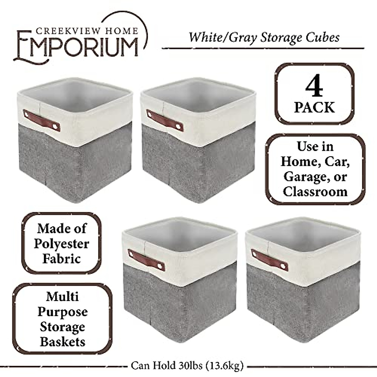 CreekView Home Emporium Fabric Cube Storage Bins 4 Pack - 10 x 10in White/Gray Foldable Storage Cubes for Organization