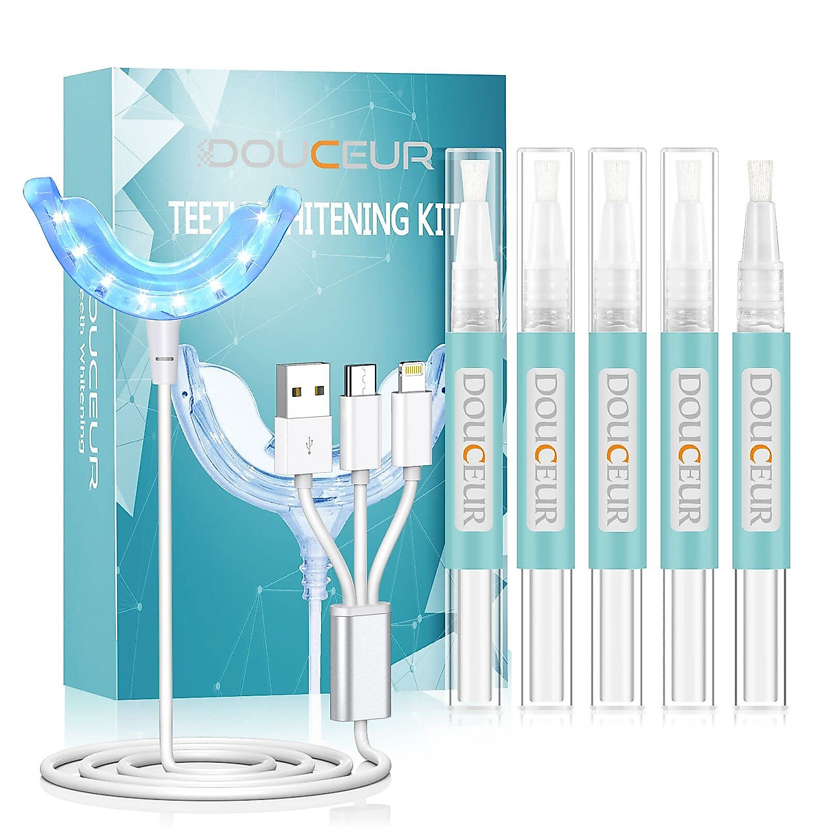 Teeth Whitening Kit Tooth Whitener - DOUCEUR Dental Bleaching System Professional with 16X LED Mouth Tray Light 5Pcs Whiting Gel Pen for Purely Whitening of Sensitive Teeth