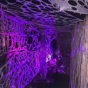 Beef Netting Spider Web for Halloween Outdoor Decoration White Stretchy Beef Netting Roll Spider Web with Purple LED String Lights for Light Up Scary Halloween Yard Garden Decorations