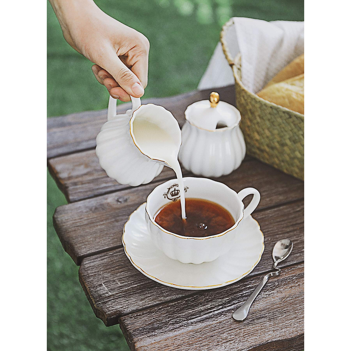 Amazingware Royal Tea Cups and Saucers, with Gold Trim and Gift Box, British Coffee Cups, Tea Cup Set, Porcelain Tea Set, Cappuccino Cups, Latte Cups, Set of 6 (8 oz)- White