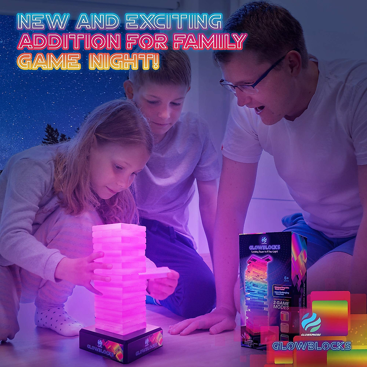 Glowblocks Light-Up Tumbling Tower Game, First Ever LED Building Blocks Stacking Game, Indoor Board Game for Kids and Adults for Family Game Night