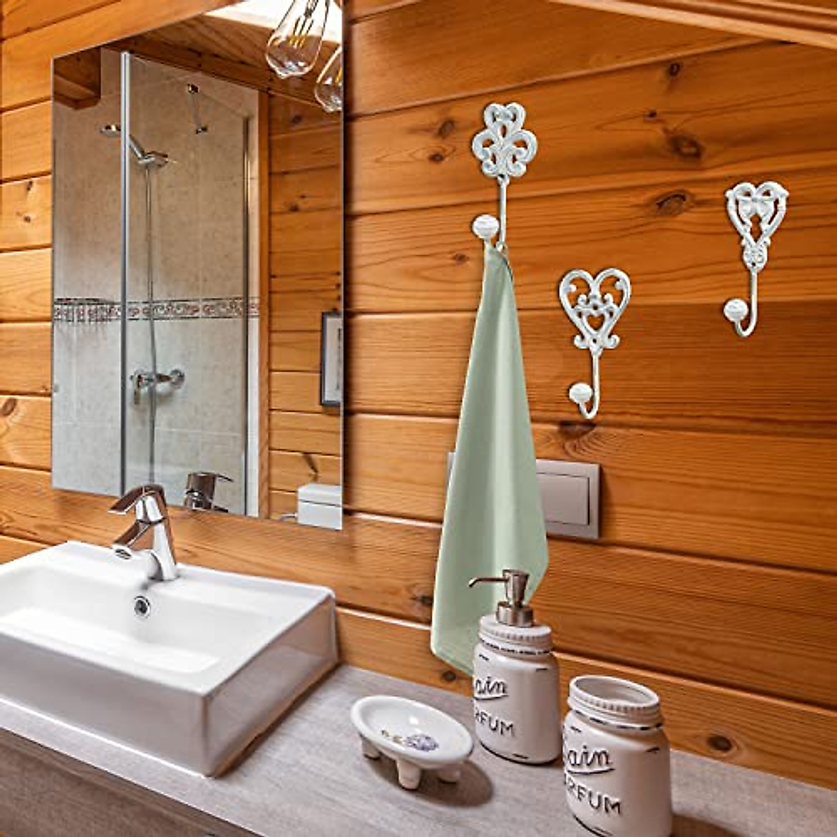 Romantic Chateaux Wall Hooks, Set of 3, Shabby French Country Style, Rustic White Finish, Cast Iron, Vintage Inspired, Striped Porcelain Caps, Each 2 3/4 L x 1 1/2 W x 5 1/2 H inches