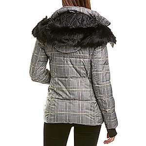 French Connection Women's Faux-Fur Trim Menswear Statement Puffer, Khaki Multi Plaid, X-Large