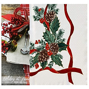 Lintex Evergreen Garland Double Ribbon Bordered Cottage Christmas Tablecloth, Holly and Pine Cone Country Xmas Holiday Easy Care Fabric Tablecloth, 52 Inch x 52 Inch Square