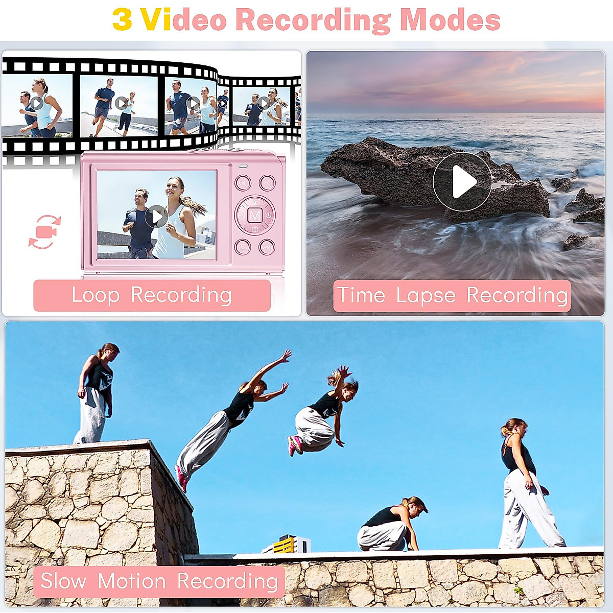 Digital Camera, Saneen FHD Kids Cameras for Photography, 4K 44MP Compact Point and Shoot Camera for Kids, Teens & Beginners with 32GB SD Card,16X Digital Zoom, 2 Rechargeable Batteries-Pink