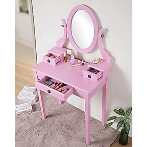 Roundhill Furniture Moniys Moniya Pink Wood Makeup Vanity Table and Stool Set