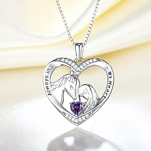 YL Horse Necklace 925 Sterling Silver Heart Pendant Created Amethyst Animals Jewelry for Women