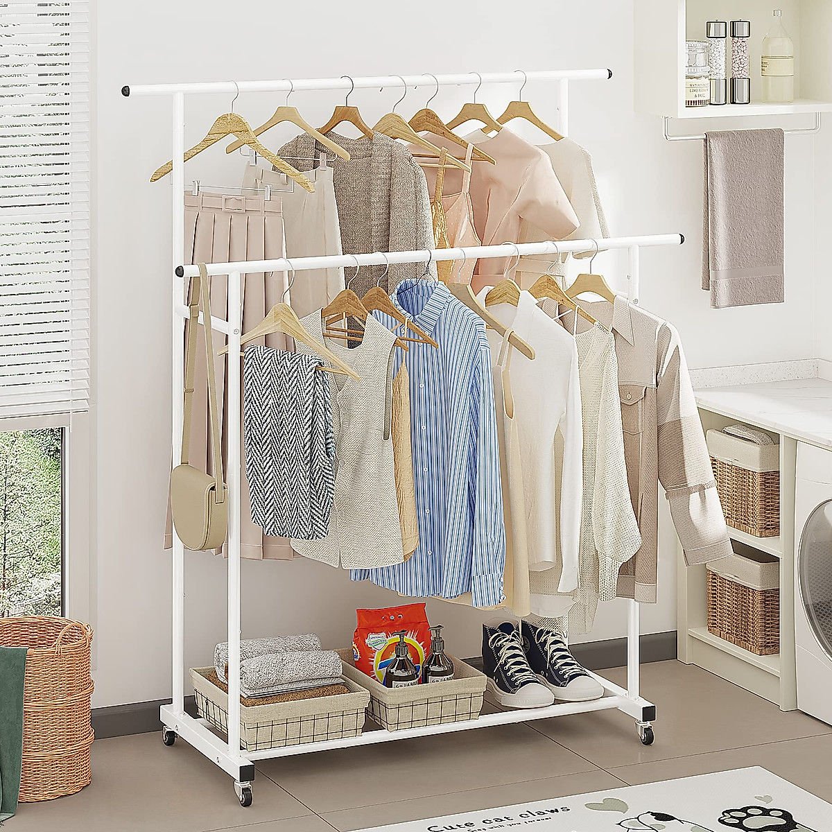 Calmootey Double Rod Clothing Garment Rack,Rolling Hanging Clothes Rack,Portable Clothes Organizer for Bedroom,Living Room,Clothing Store,White