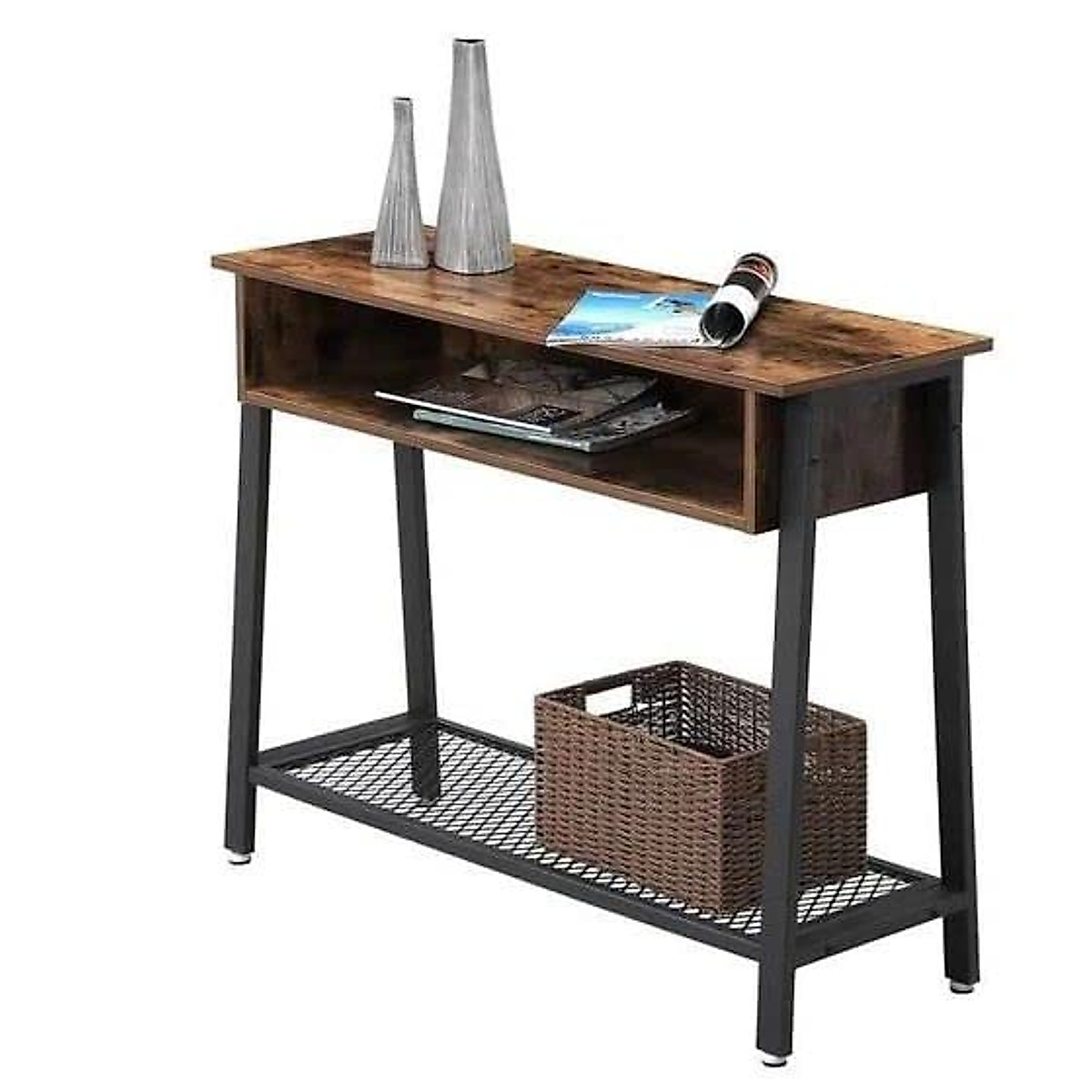 TINKLE WELL Industrial Console, Entryway, Narrow Sofa Table for Living Room and Hallway, Storage Drawer w/Mesh Shelf, Rustic Brown