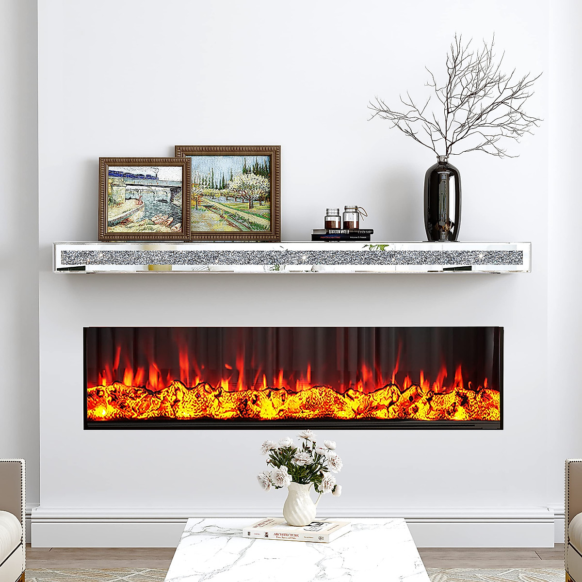 blingworld Fireplace Mantel Mirrored, 48" Glass Floating Mantel Shelf for Over Fireplace & Under TV, Gorgeous Crystal Crushed Diamond Floating Wall Shelves for Living Room, Bedroom, Kitchen, Silver