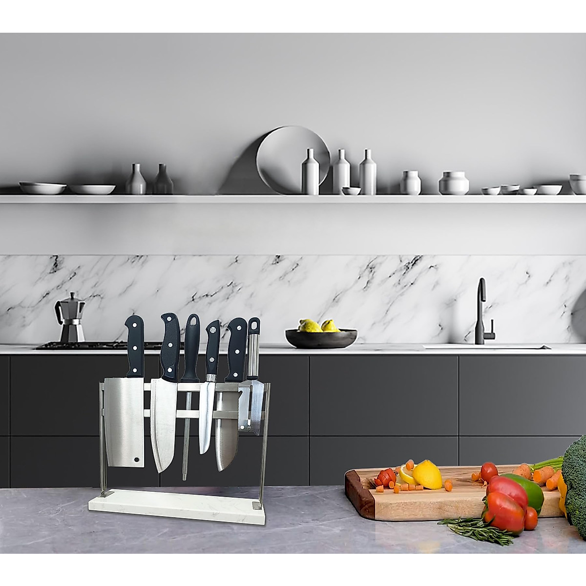 YIIYIIN Magnetic Knife Block with Marble Base - Double Sided Magnetic Knife Stand - Magnetic Knife Holder - Kitchen Knife Storage - Knife Holders for Counter Top - Marble White