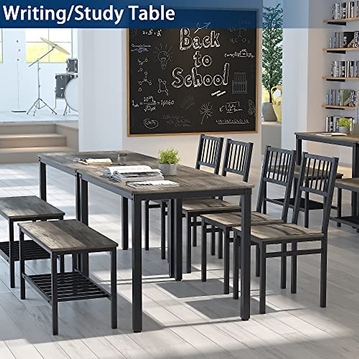 Teraves Dining Table Set for 4/Computer Desk,Kitchen Table with 2 Chairs and a Bench,Table and Chairs Dining Set 4 Piece Set for Dining Room (Black Oak+Black Frame, 110CM)