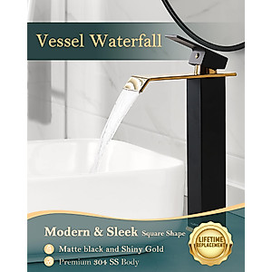 KUZOR 1PC Vessel Sink Faucet Brass Stainless Steel, Tall Bathroom Faucet 1 Hole 5-Minutes Installation - for Bathroom/Vanity/Bowl Sink - 11.26 Inch Height, 24.9 Oz Weight - Matte Black/Shiny Gold
