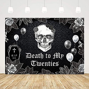ABLIN 7x5ft Death to My Twenties Backdrop for Thirties Birthday Party Decorations RIP to My 20s Youth Gothic Skull Black Rose Balloons Photography Background Photo Props