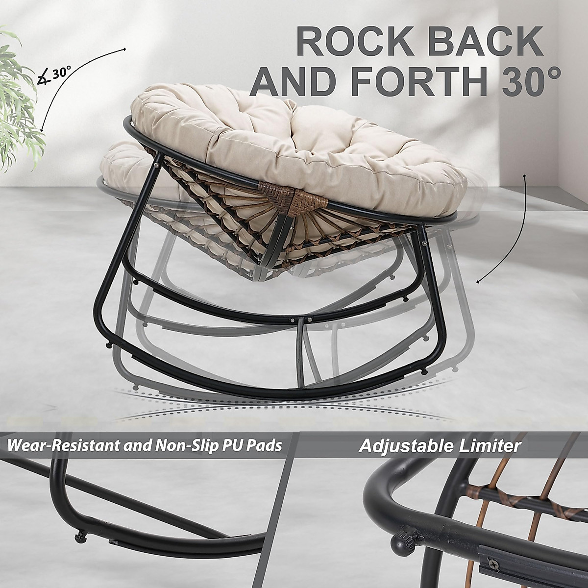 ZJEYEJZ Outdoor Rocking Chair, Indoor & Outdoor Comfy Oversized Papasan Chair with Padded Cushion, Oversized Metal Frame Egg Chair for Living Room, Patio, Front Porch, Backyard