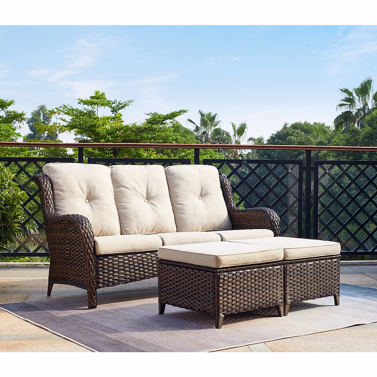 HUMMUH Outdoor Furniture 5 Pieces Patio Furniture Set Wicker Outdoor Sectional Sofa with 2 Patio Chairs,Ottomans