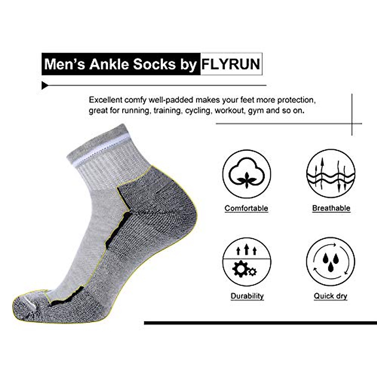 FLYRUN Men's Athletic Ankle Quarter Socks Men Comfort Cushion Moisture Wicking Work Sock 6 Pack