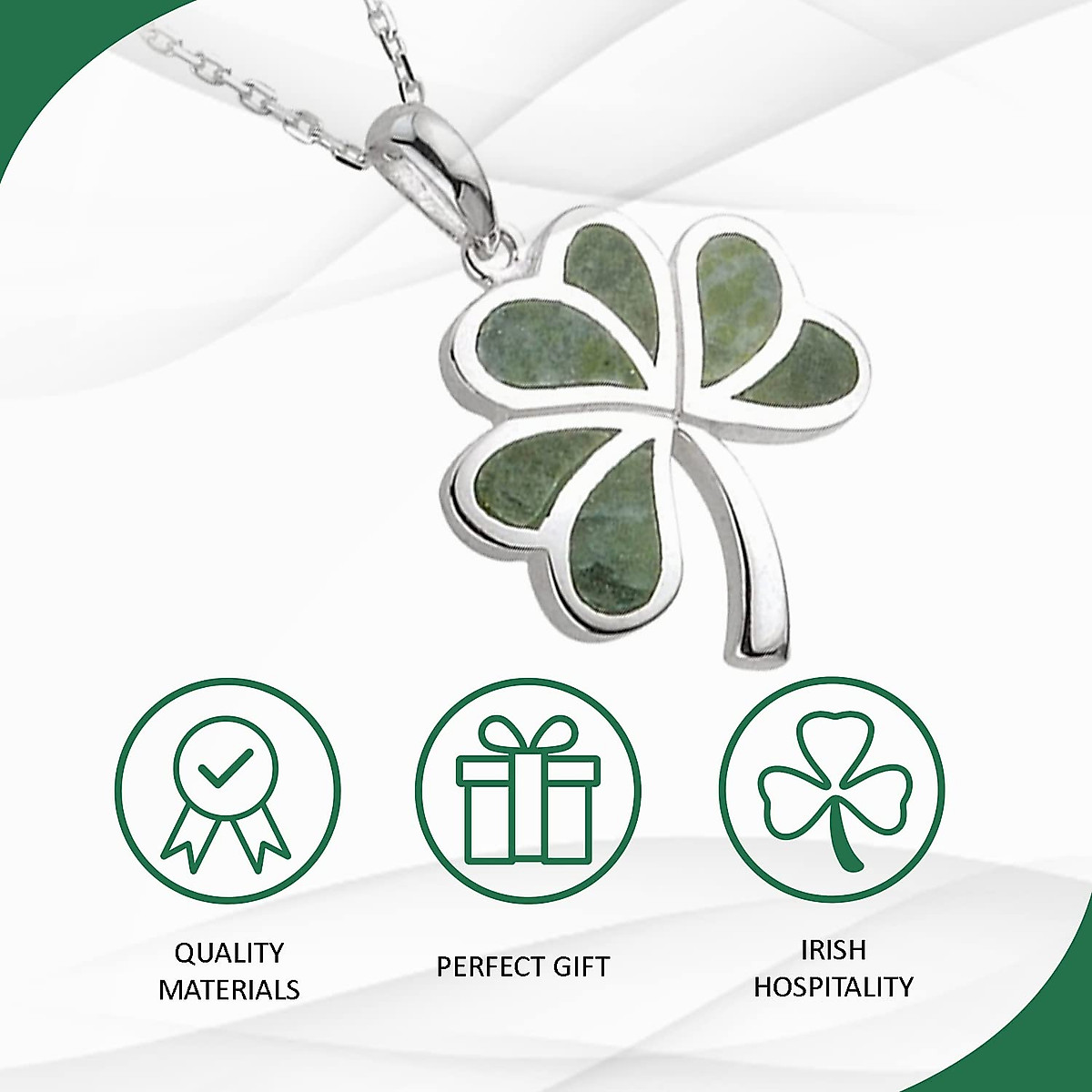 Biddy Murphy, Women's Irish Shamrock, Lucky Three Leaf Clover 925 Sterling Silver Pendant 18" Inch Necklace with Connemara Marble Inlay