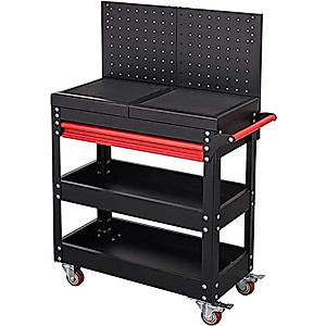 WIILAYOK Tool Cart, 3 Tier Rolling Tool Cart on Wheels with Storage Drawers & Sliding Top, Removable Pegboard, Industrial Service Utility Tool Cart for Mechanics, Garage, Workshop
