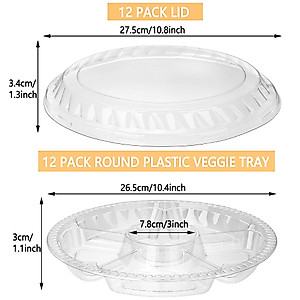12 Pack Round Plastic Veggie Tray with Lid Fruit Tray 6 Divided Compartment Container Food Serving Dip Platter Reusable Catering Trays for Veggie Fruit Snack Party and Buffet Trays（Clear，10inch）