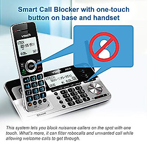 VTech VS113-5 Extended Range 5 Handset Cordless Phone for Home with Call Blocking, Connect to Cell Bluetooth, 2" Backlit Screen, Big Buttons, and Answering System, Silver & Black