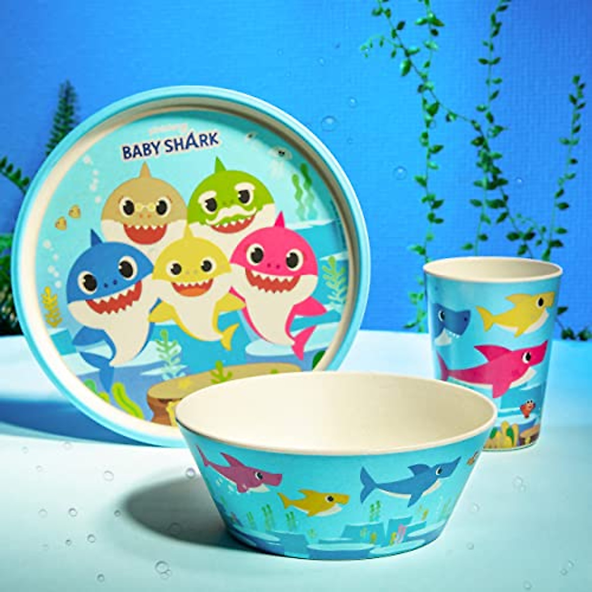Zak Designs Baby Shark Dinnerware Set for Kids Includes 8" Plate, 6" Bowl, and 10oz Tumbler, Durable and Sustainable Melamine Bamboo Material (3-Piece Set)
