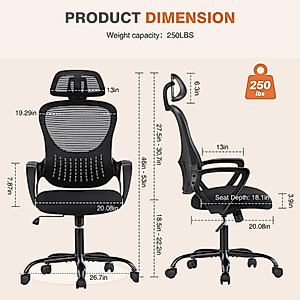 Sweetcrispy Office Computer Desk Chair, Ergonomic High-Back Mesh Rolling Work Chairs with Wheels and Adjustable Headrests, Comfortable Lumbar Support, Comfy Armrest for Home, Bedroom, Study,Black
