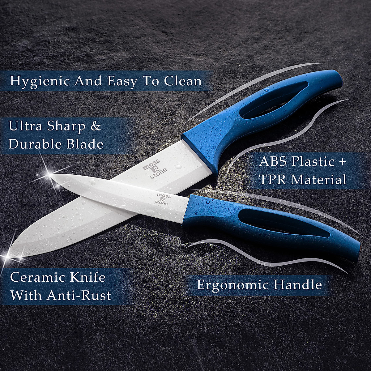 Moss & Stone Kitchen Cutlery White Ceramic Knife Set, Ceramic Knife Set and Fruit Peeler, Rust Proof & Stain Resistant, Kitchen Cooking Knife Set 5 pieces Blue Knives