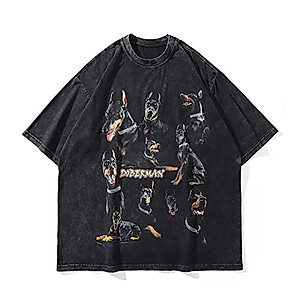 Aelfric Eden Men’s Washed Doberman Graphic Tee T-Shirts Oversized Letter Graphic Print Elements Short Sleeve Crewneck Tee