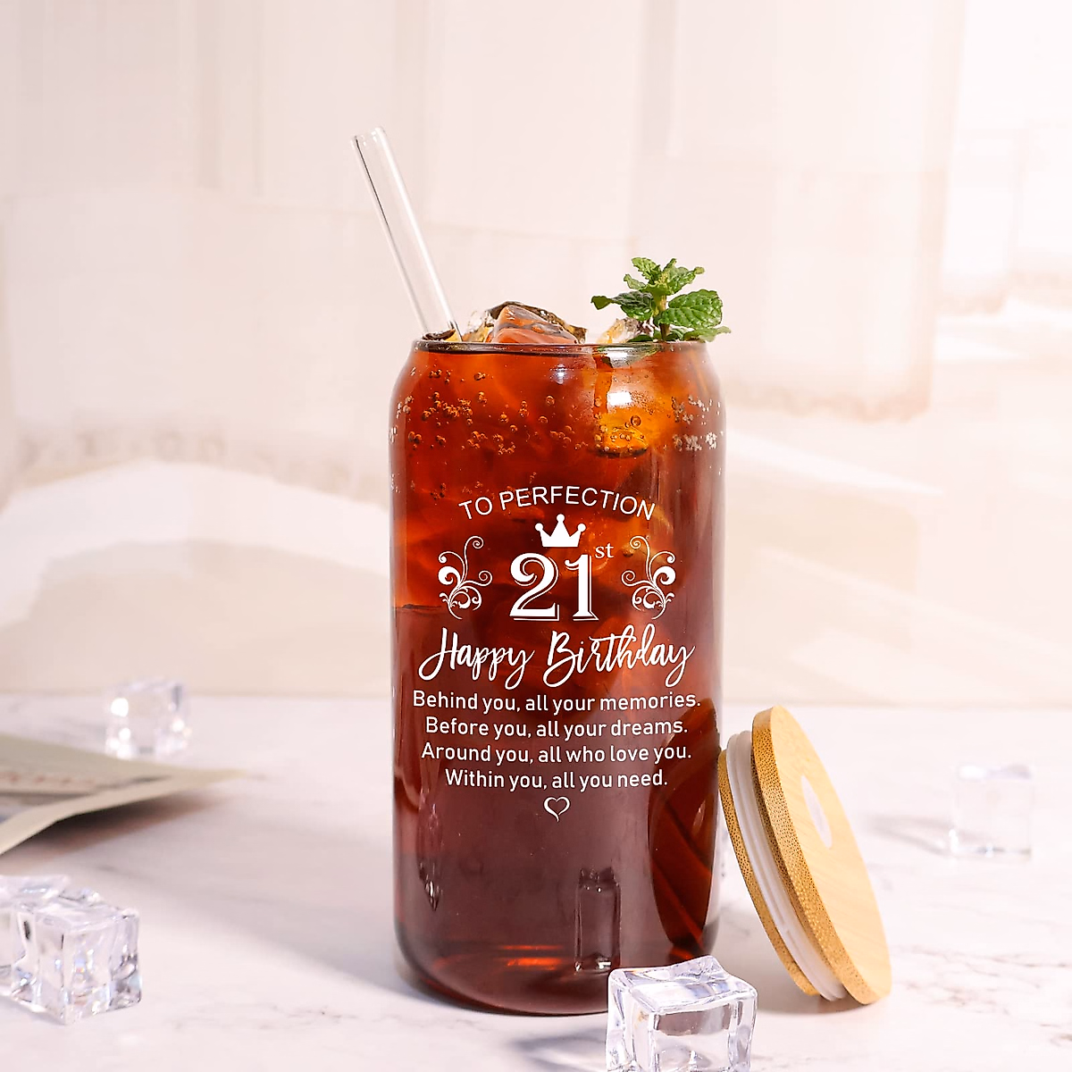 21st Birthday Gifts for Her, Happy 21st Birthday Decorations for Her, Funny 21 Year Old Birthday Gift Ideas for Her, Friends, Sister, Daughter - 16 Oz Can Shaped Glass Cups with Lids and Straws