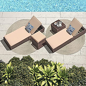 Patiorama 4 Piece Patio Furniture Set, Outdoor Chaise Lounge Chair with Ottoman, All-Weather Brown PE Wicker Rattan Conversation Set, Adjustable Reclining Chaise for Beach Balcony Pool, Beige