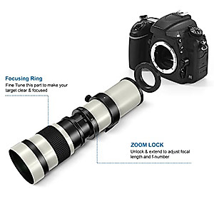 Lightdow 420-800mm f/8.3 Manual Zoom Super Telephoto Lens + T Mount Ring for Nikon D3500 D5600 D7500 D500 D600 D700 D750 D800 D850 D3200 D3400 D5100 D5200 D5300 D7000 D7200 Camera (White Version)