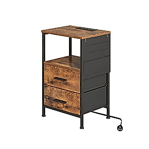 Vabches End Table with Charging Station, Nightstand with USB Port, Outlet and Fabric Bag, 2 Drawers & Open Storage Shelf Side Table, Sofa Cabinet for Living Room, Bedroom, Office