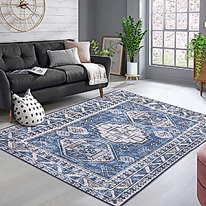 COZYLOOM Vintage Area Rug, Blue Accent Floral Distressed Machine Washable Area Rug for Indoor Living Room, Bedroom, Entryway 8x10 Feet