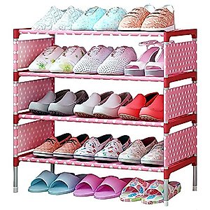 TZAMLI 4-Tier Free Standing Shoe Rack 12 Pairs Non-Woven Fabric of Shoes Organizer in Closet Entryway Hallway,Anti-Rust, Metal Frame and Fabric Shelves,22.8 x 10.6 x 25.2'' (Pink dots)