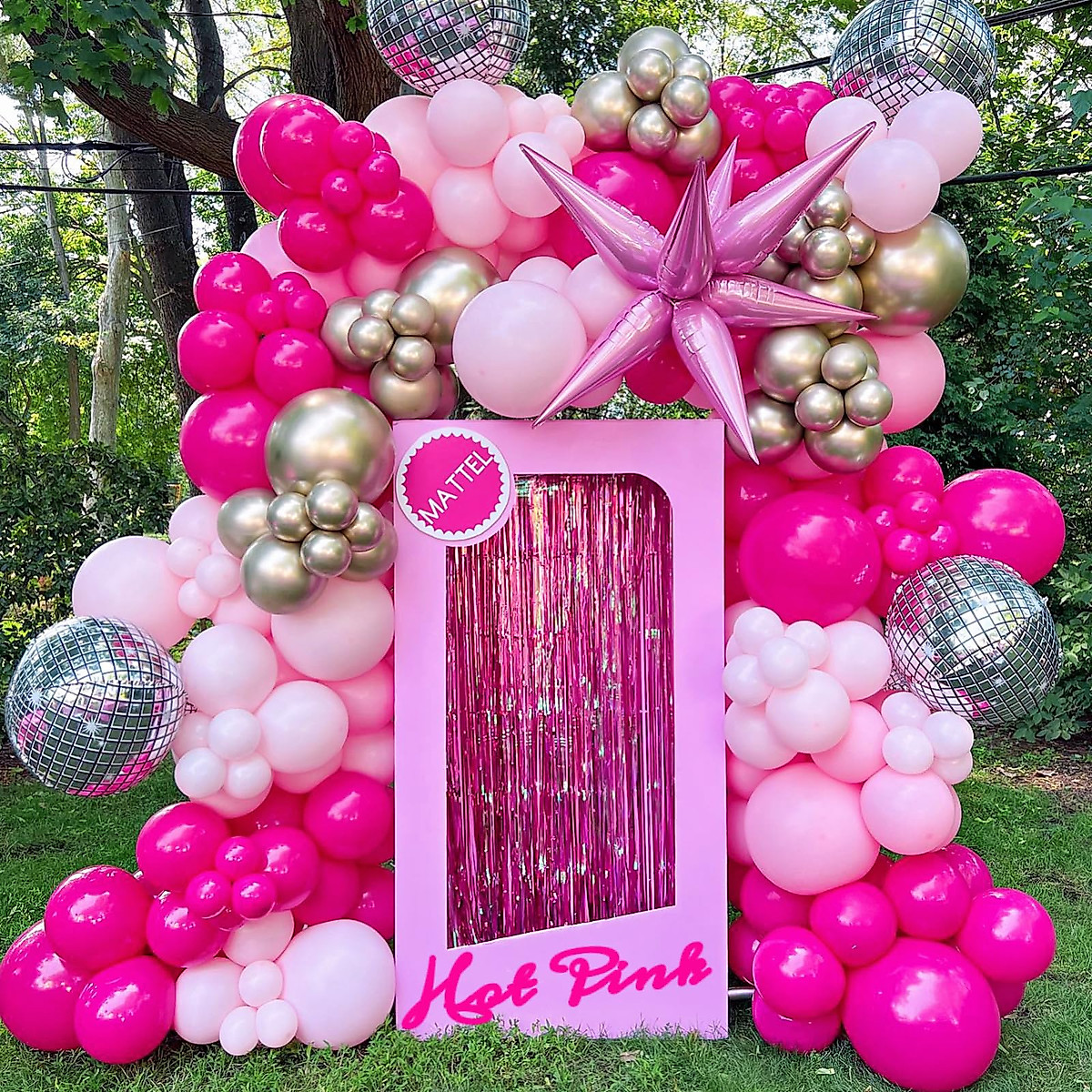 156pcs Pink Balloon Garland Arch Kit With Foil Balloons Pink Fringe Backdrop, Hot Pink and Light Pink Balloons for Bridal Shower Girls Bachelorette Women Princess Pink Birthday Party Decorations