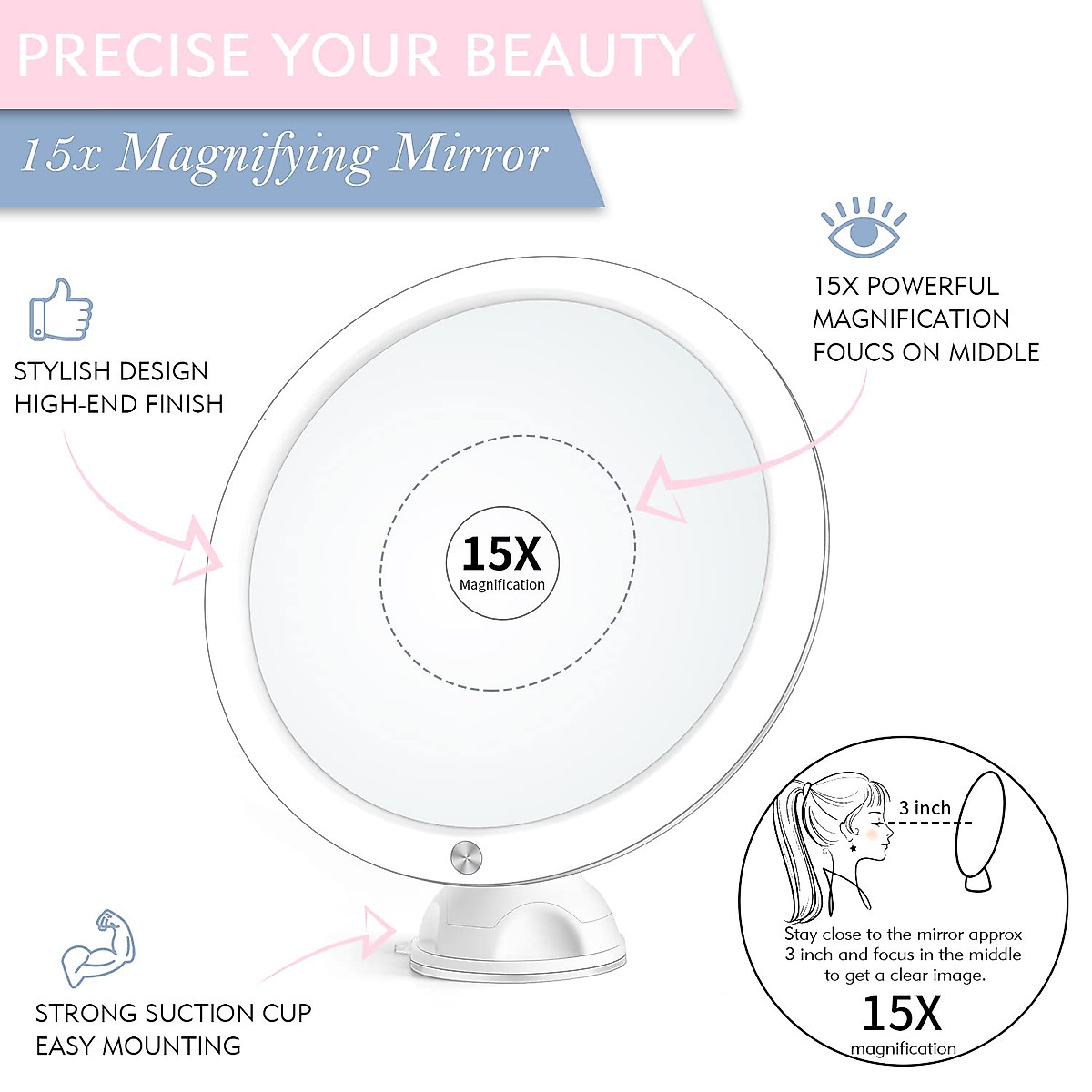 15x Magnifying Mirror with Light & Tweezers - Lighted Makeup Mirror with Strong Magnification for Precise Makeup, Plucking, Lighted Magnified Mirror w/Suction Cup for Bathroom, Dual Power , 8"
