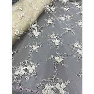 Andrea Ivory 3D Floral Matte Corded Embroidery on Mesh Lace Fabric by The Yard - 10016