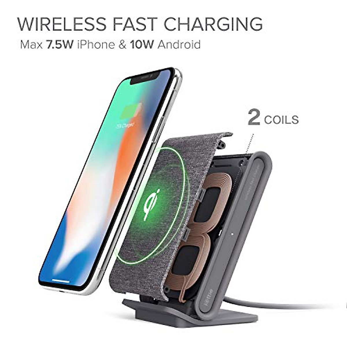 iOttie Ion Wireless Fast Charging Stand, Qi-Certified Charger 7.5W for IPhone XS Max R 8 Plus 10W for Samsung S9 Note 9, Includes USB C Cable & AC Adapter, Ash