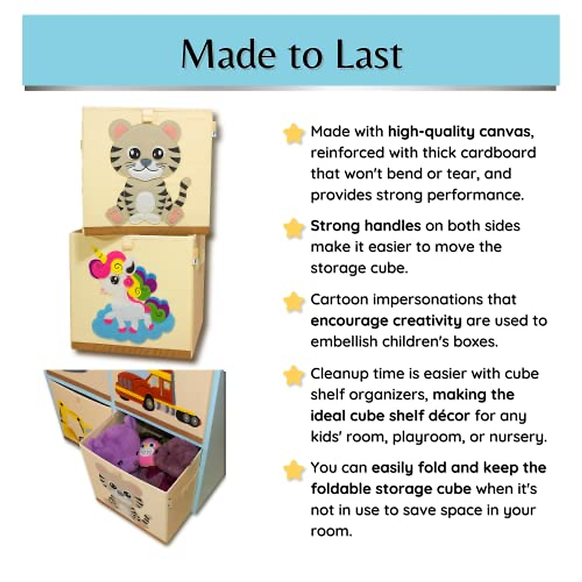 Product 4 Kids - Washable Toy Organizers and Storage, Canvas Toy Chest Organizer Foldable Kids Toy Storage Organizers for Child's Bedroom or Playroom -13x13x13 Inch (Tiger Cub)