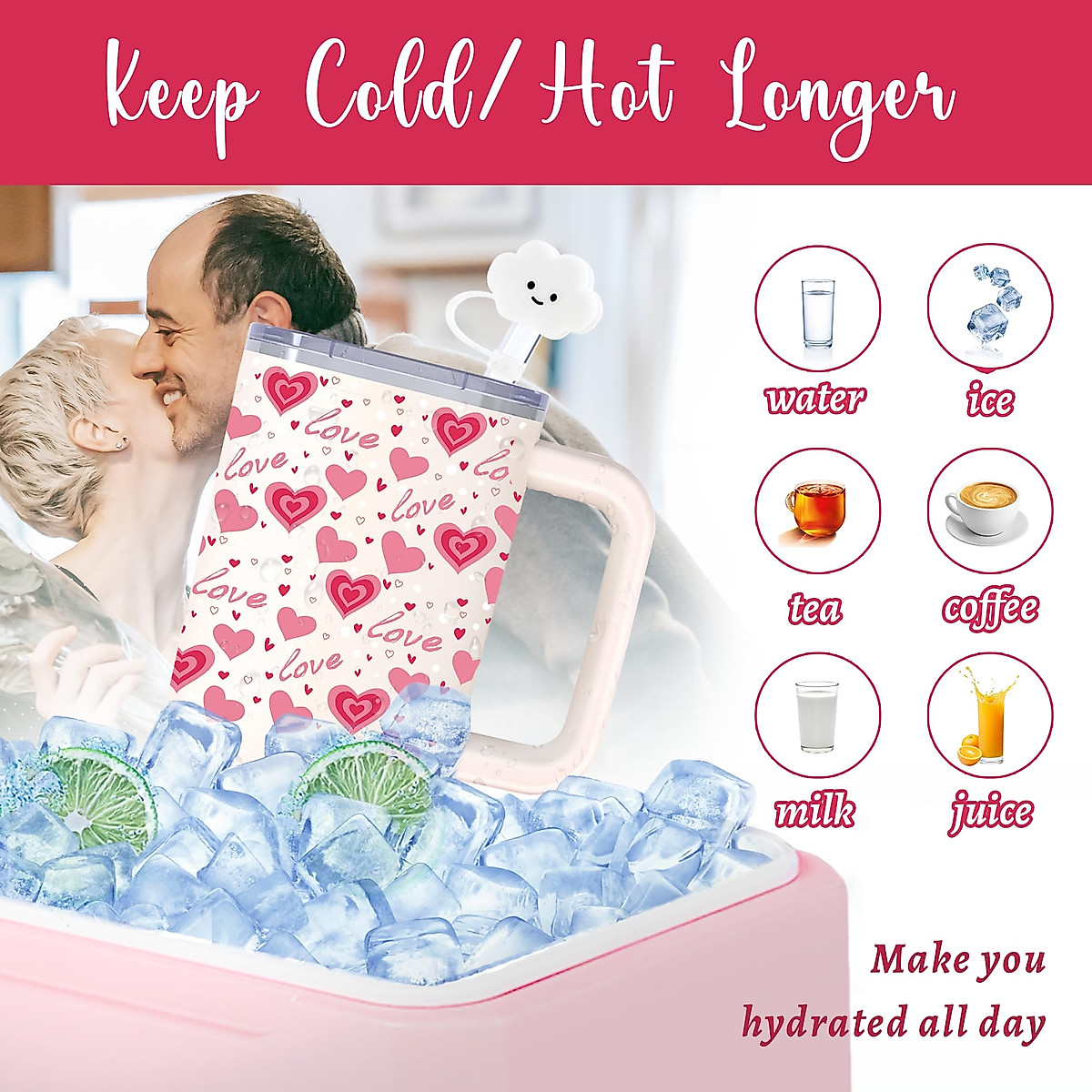 winiwo 40 oz Valentines Tumbler with Handle and Straw, Heart tumbler Gifts for Mom/Women/Wife/Her/Love, Insulated Pink Tumbler, Fits Cupholders, Available Gift Wrapping