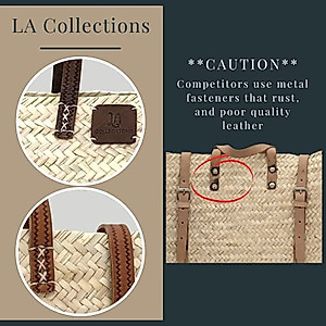 LA Collections Natural Straw and Leather Bag, Backpack, Tote, Adjustable Leather Straps, Perfect for Beach, Shopping, Market, Picnic, Music festival. Handcrafted by Moroccan artisans.