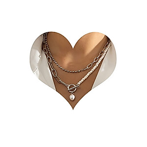 Bethynas Dainty Silver Layered Baroque Pearl OT Clasp Necklace Stacking Beaded Ball Chain Paperclip Pearl Chain Retro Necklace for Women